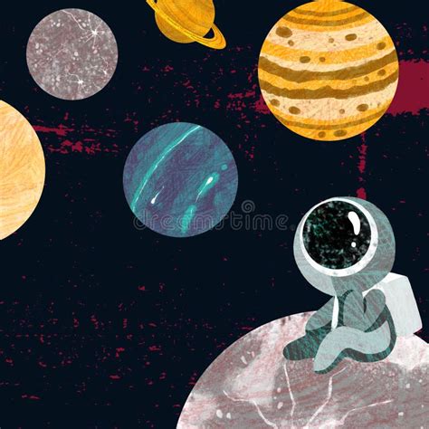 El Astronauta Se Sienta En La Luna Y Las Miradas En Los Planetas Stock