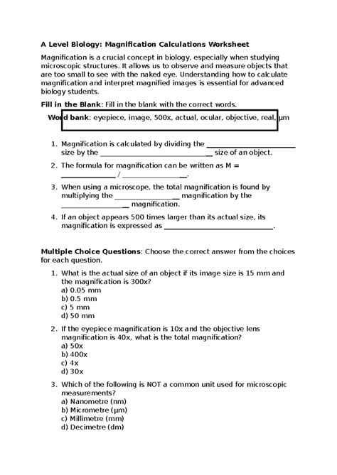 Magnification Worksheet A Level Biology Magnification Calculations
