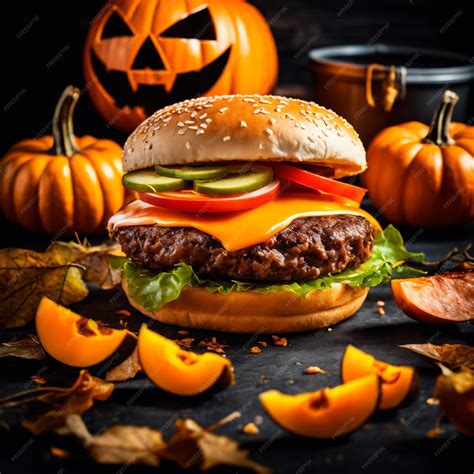 Premium Ai Image Spooky Burger With A Halloween Decoration Background