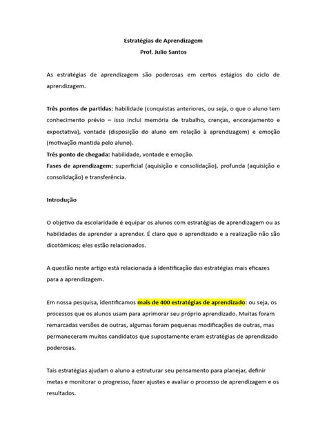 Estratégias De Aprendizagem Pdf Aprendizado Pensamento