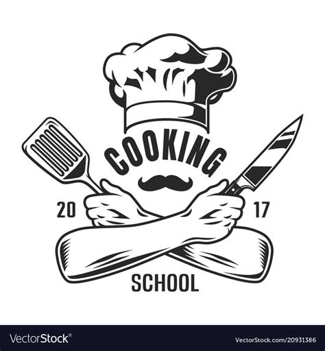 The Logo For Cooking School With A Chefs Hat Knife And Spatula