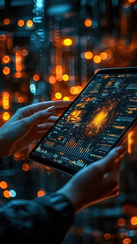 Hands Holding Digital Tablet With Data Visualization Overlay Stock