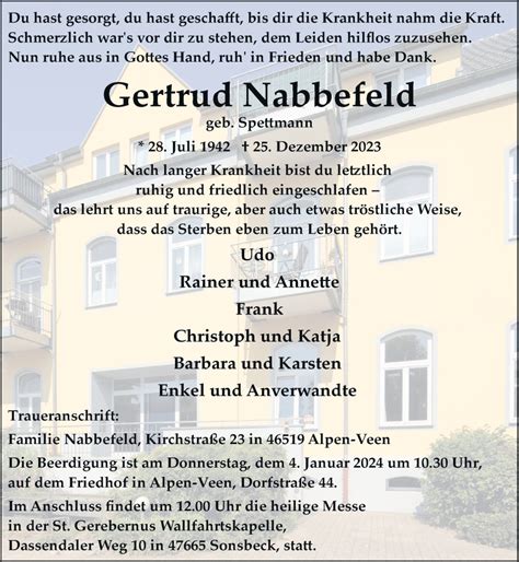 Alle Traueranzeigen Für Gertrud Nabbefeld Trauer Rp Online De