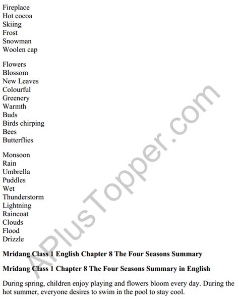 Mridang Class 1 English Solutions Chapter 8 The Four Seasons A Plus Topper