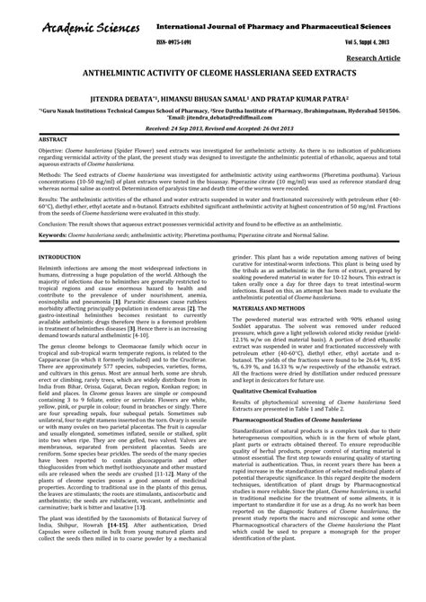 Pdf Anthelmintic Activity Of Cleome Hassleriana Seed Extracts