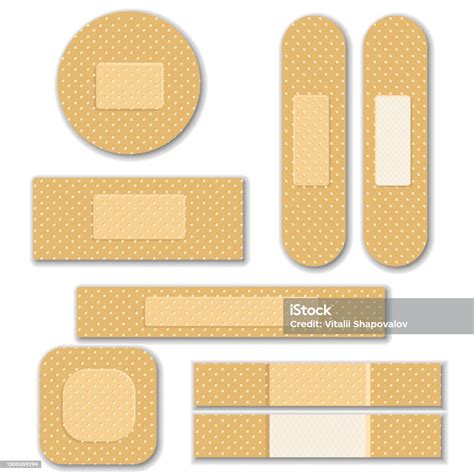 격리 된 벡터 탄성 붕대 패치의 집합 양면 접착제 석고 세트 직사각형 정사각형 둥근 피부 패치 끈적 끈적한 붕대 보호 커버 벡터 일러스트레이션 가리기에 대한 스톡 벡터 아트