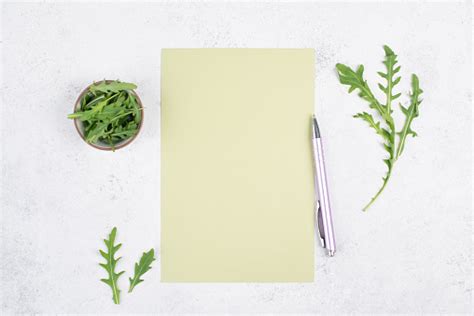 펜이있는 빈 색의 종이 Arugula 샐러드 잎 텍스트를위한 복사 공간 요리를위한 조리법 음식 준비 건강한 생활 방식 다이어트