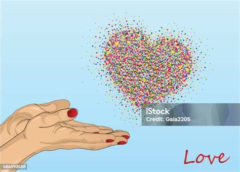 오픈 손바닥에서 심 혼의 형태로 여러 색된 색종이 비행 인사말 카드입니다 벡터 일러스트입니다 텍스트 레이블 및 광고에 대 한 빈 공간 개념에 대한 스톡 벡터 아트 및 기타