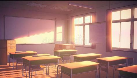 Deserted Anime Classroom Just Sun Desks And Chairs Ai Generative