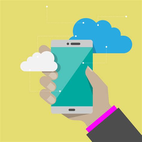 Vector Flat Design Of Hand Holding A Smartphone With Cloud Online Mobile Service Networking