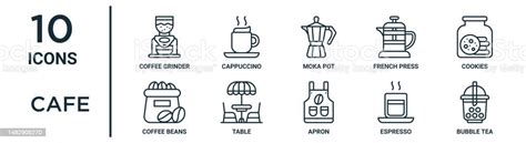 카페 개요 아이콘 세트에는 얇은 라인 커피 그라인더 모카 포트 쿠키 테이블 에스프레소 버블티 보고서 프레젠테이션 다이어그램 웹 디자인을 위한 커피 원두 아이콘이 포함됩니다