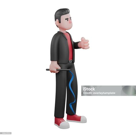 3d 댄스 크리에이터 한 남성 안무가가 파란 밧줄이 달린 막대기를 들고 왼쪽을 바라보고 서 있다 안무가 캐릭터 끈적거리는에 대한 스톡 사진 및 기타 이미지 Istock