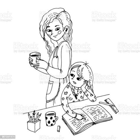 흑인과 백인 벡터 그림 색칠에 대 한입니다 뭔가 게 그녀의 어머니를 요구 하는 작은 소녀 가정 교육 가정 생활에 대한 스톡 벡터