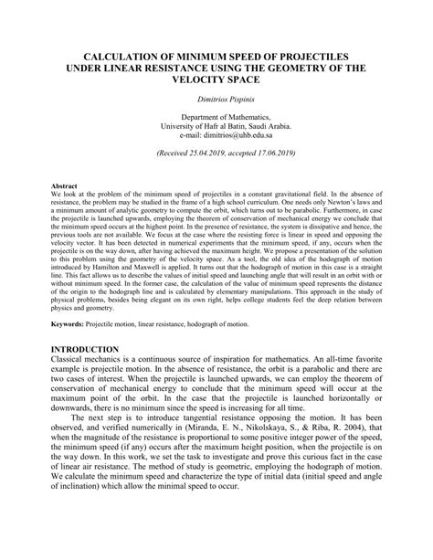 Pdf Calculation Of Minimum Speed Of Projectiles Under Linear Resistance Using The Geometry Of