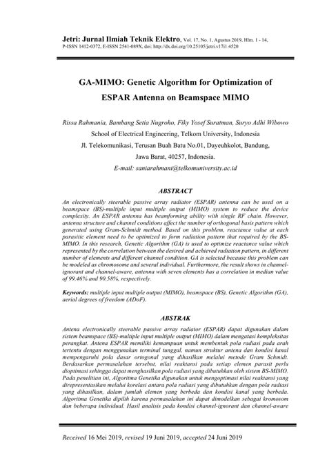 Pdf Ga Mimo Genetic Algorithm For Optimization Of Espar Antenna On Beamspace Mimo