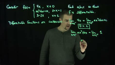 finding constants to make a piecewise function differentiable youtube