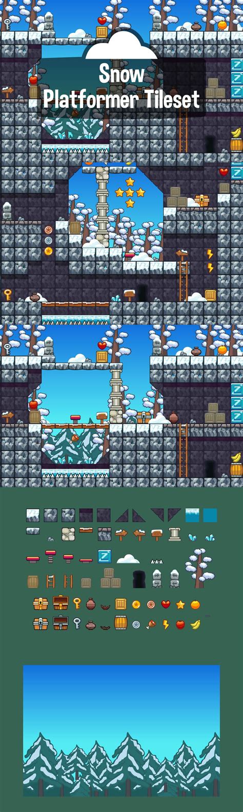 Snow Platformer 2D Game Tileset CraftPix Net Games Pixel Art Snow