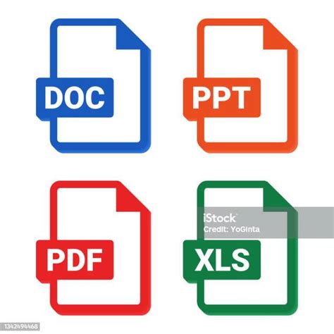 문서의 형식 및 확장 집합입니다 파일 유형입니다 Pdf Doc Ppt 및 Xls Slide Show Presentation Software에 대한 스톡 벡터 아트 및 기타