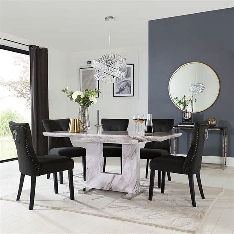 Florence Extending Dining Table Kensington Chairs Grey Marble Effect Black Classic Velvet