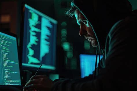 Premium Photo Cybercrime Hacker In Dark Room Writing Code For Attack