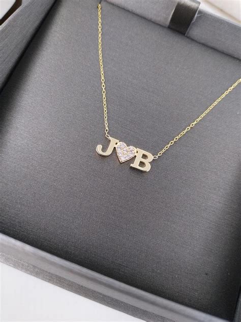 Diamond Initial Necklace 14k Gold Diamond Double Initial Etsy
