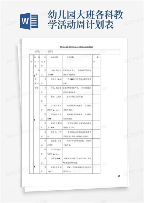 幼儿园大班各科教学活动周计划表 Word模板下载编号qawrenor熊猫办公