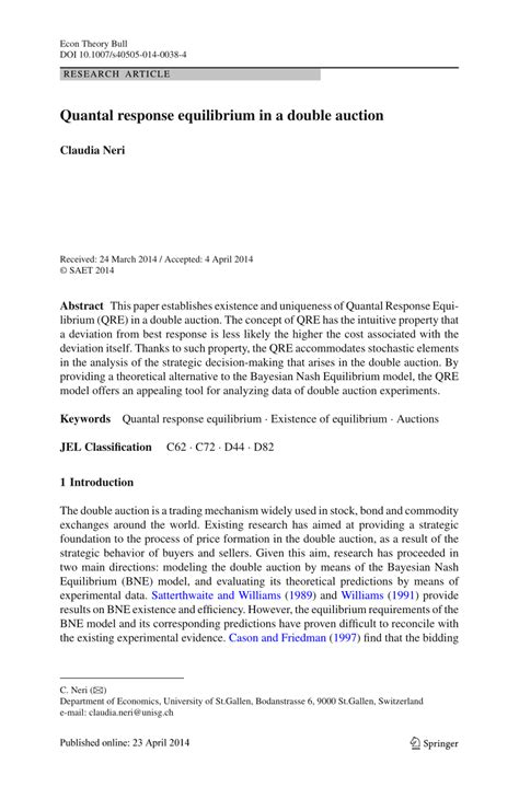 Pdf Quantal Response Equilibrium In A Double Auction