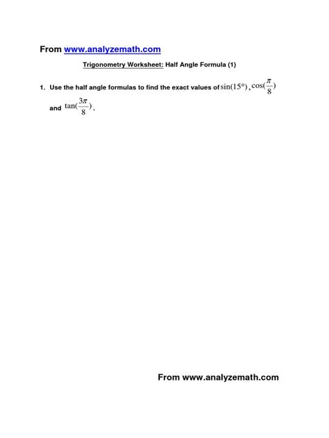 15 Sin 8 Cos 8 3 Tan Trigonometry Worksheet Half Angle