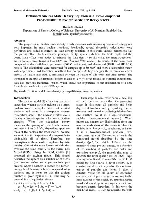 Pdf Enhanced Nuclear State Density Equation In A Two Component Pre Equilibrium Exciton Model