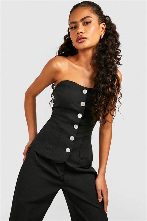 Rhinestone Button Tailored Longline Bandeau Boohoo