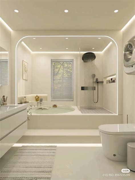 Modern White Bathroom With Recessed Lights Shower And Bathtub In The