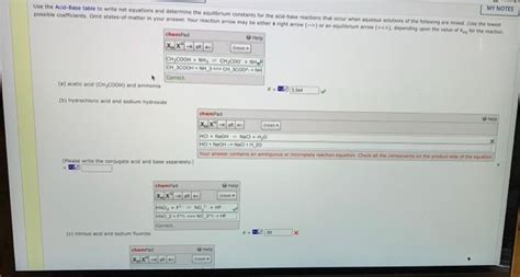 MY NOTES Use The Acid Base Table To Write Net Chegg