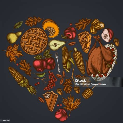 호박 포크 칼 배 칠면조 호박 파이 사과 파이 옥수수 사과 로완 단풍 나무 참나무와 어두운 배경에 심장 디자인 추수감사절에 대한 스톡 벡터 아트 및 기타 이미지 Istock