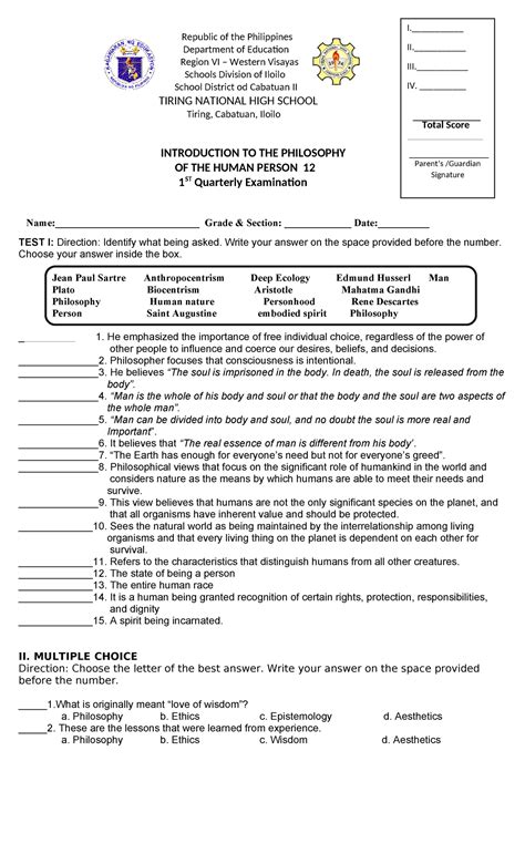 Grade 12 Philosophy Practice Materials Republic Of The Philippines Department Of Education