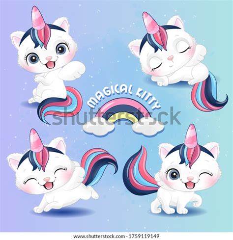 Cute Little Kitty Set Watercolor Illustration Stock Vector Royalty