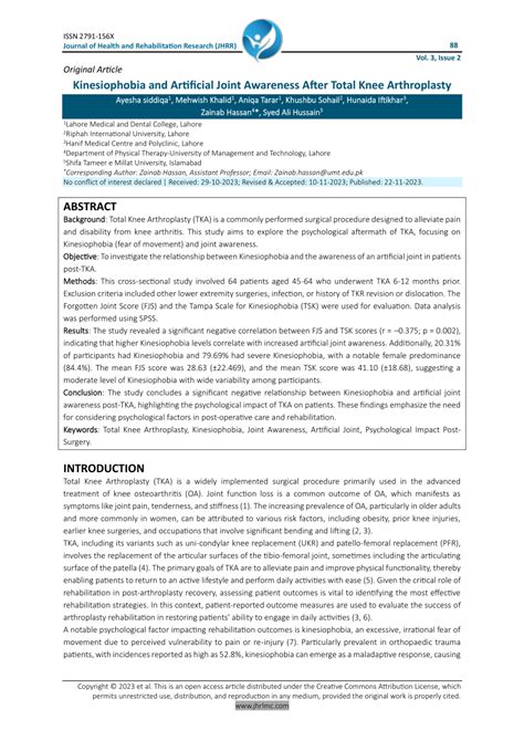 Pdf Kinesiophobia And Artificial Joint Awareness After Total Knee
