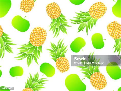 파인애플과 사과 원활한 패턴 여름 과일은 흰색 바탕에 그라데이션 사과와 파인애플과 섞여 있습니다 인쇄물 배너 및 포스터를 위한 디자인 벡터 그림 가리기에 대한 스톡 벡터
