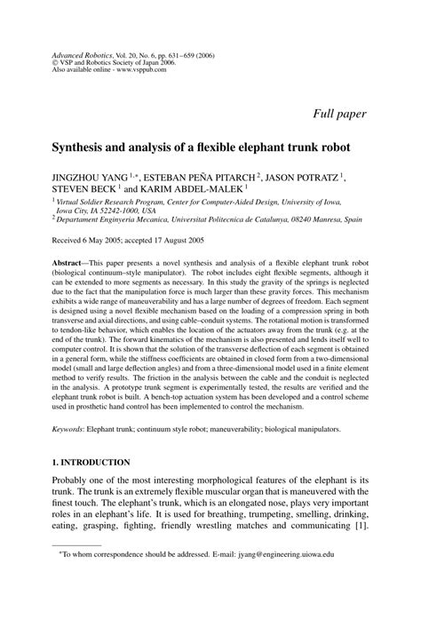 Pdf Synthesis And Analysis Of A Flexible Elephant Trunk Robot