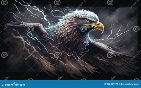 A Bald Eagle With A Lightning Bolt In Its Beak And Wings Stock