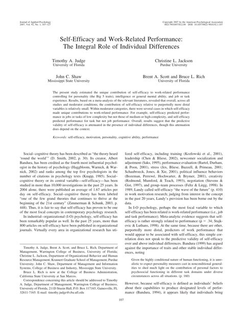 Pdf Self Efficacy And Work Related Performance The Integral Role Of Individual Differences