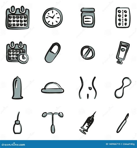 Contraception Methods Icons Freehand 2 Color Stock Vector