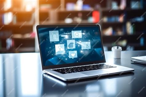 Premium Photo Close Up Of Laptop Computer On Desk With Glowing Email Letter Icons On Blurry