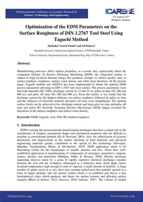 Pdf Optimization Of The Edm Parameters On The Surface Roughness Of
