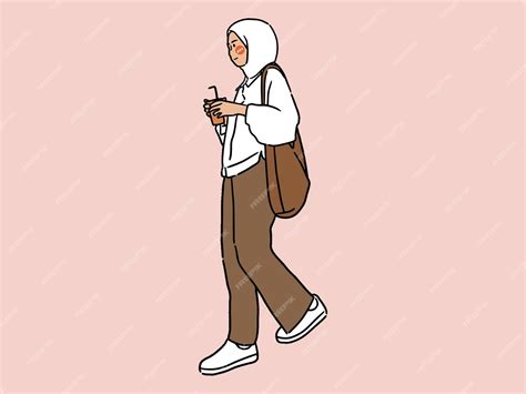 Hijab 전체 길이 스티커에 패션 옷에 아름 다운 매력적인 여자 만화 캐릭터 프리미엄 벡터