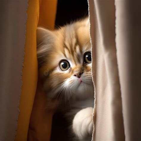 Cute Siberian Kitten Peeking Out From Behind The Curtain Stock