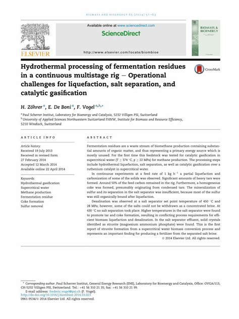 Pdf Hydrothermal Processing Of Fermentation Residues In A Continuous Multistage Rig