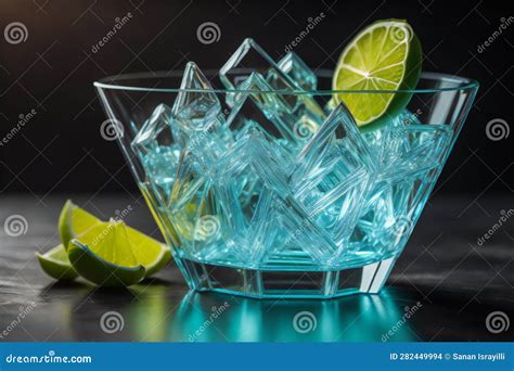 Cocktail Glass With Ice Cubes And Lime Slices On Black Background