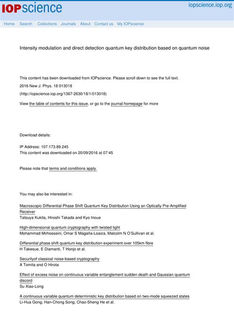Pdf Intensity Modulation And Direct Detection Quantum Key Distribution Based On Quantum Noise