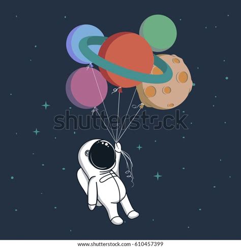 Happy Spaceman Keeps Balloons Like Planets Stock Vector Royalty Free