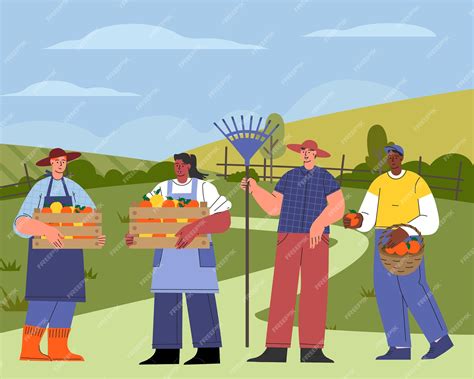 농장 평면 벡터 일러스트 레이 션에 농부 다른 농부의 집합 농업 노동자 수확 프리미엄 벡터